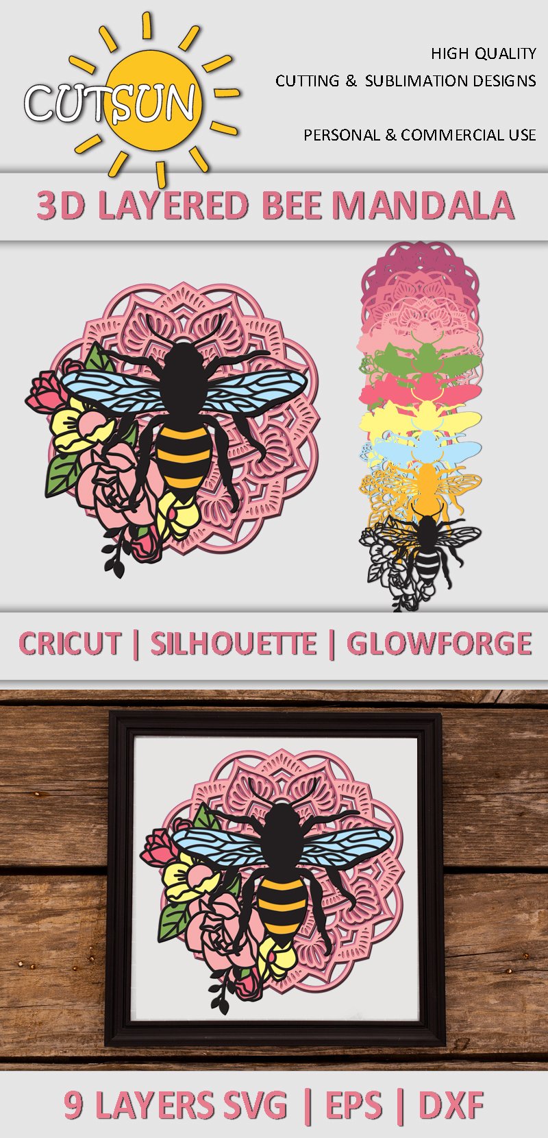 3D Layered Bee Mandala SVG - 9 layers