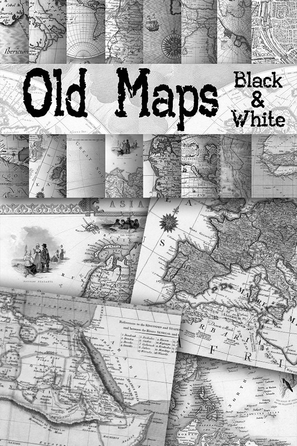 Old Maps Digital Paper in Black and White