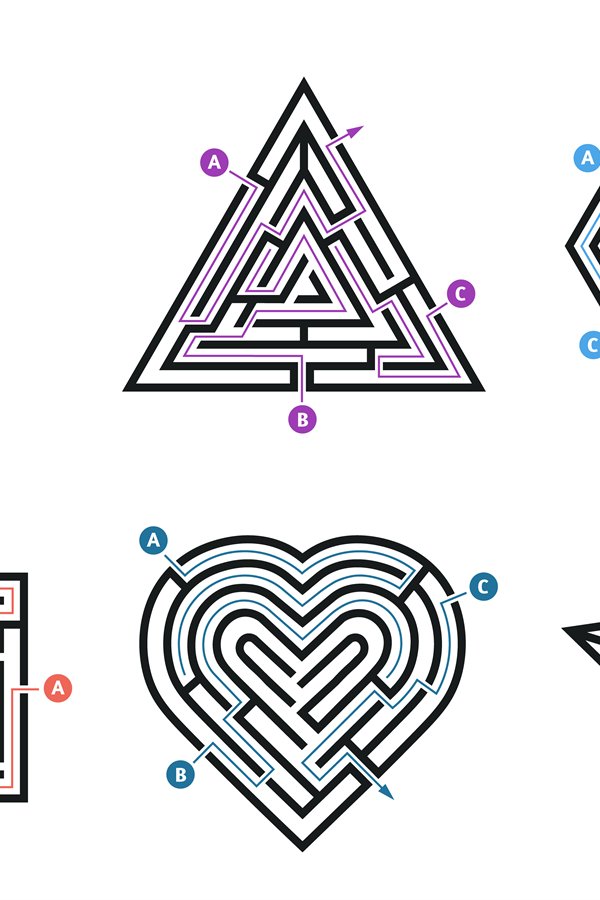 Labyrinth conundrum. Searching way, many ways directions maz