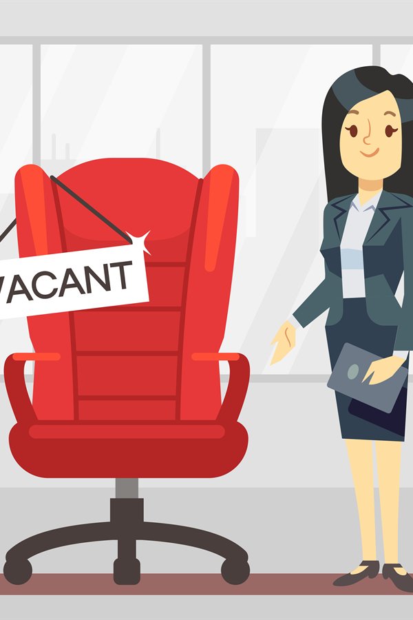 Cute cartoon character HR manager and empty boss chair. Empl