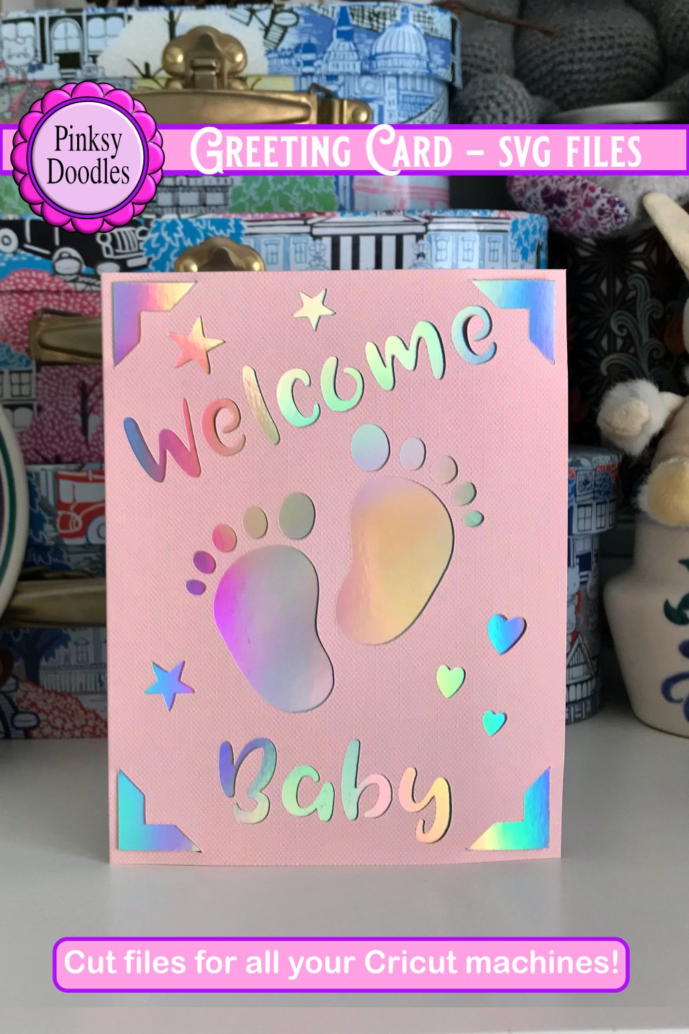 Welcome baby greeting card svg with paper cut baby feet