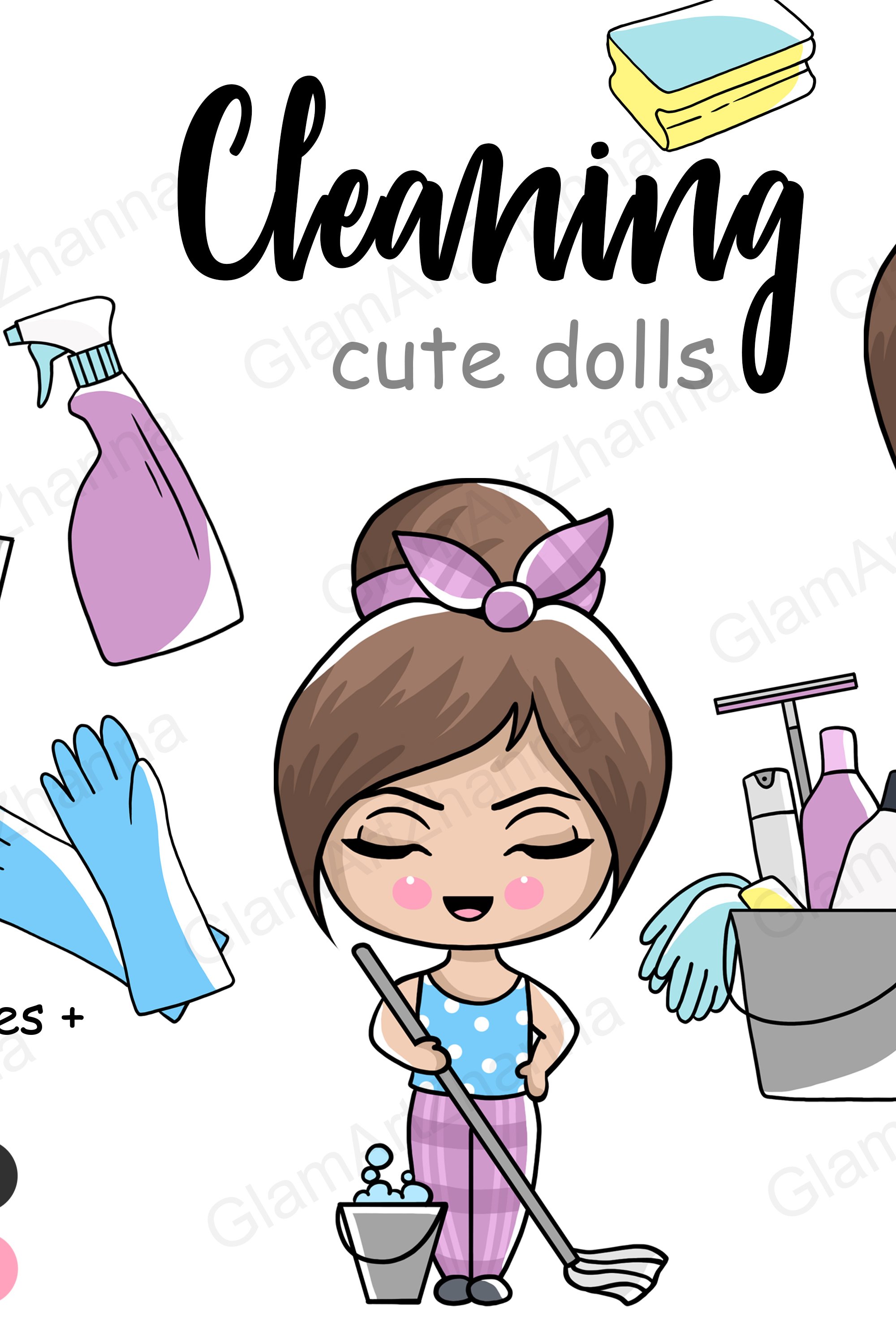 Cleaning CUTE DOLLS Cute Kawaii Grocery Planner StIckers PNG