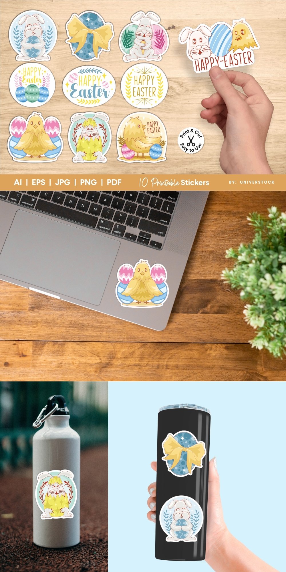 Easter Day Cartoon Printable Stickers, Easter Bunny & Chick