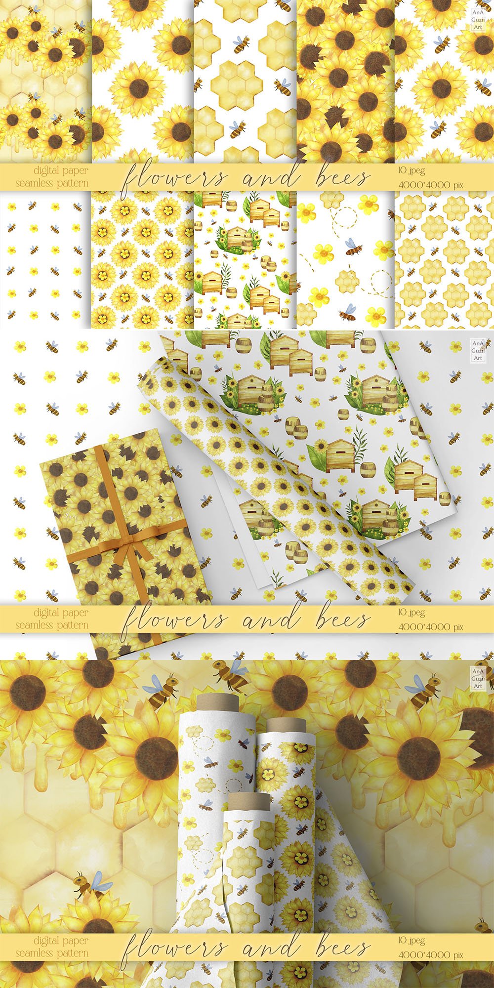 Seamless Pattern Bees and sunflowers