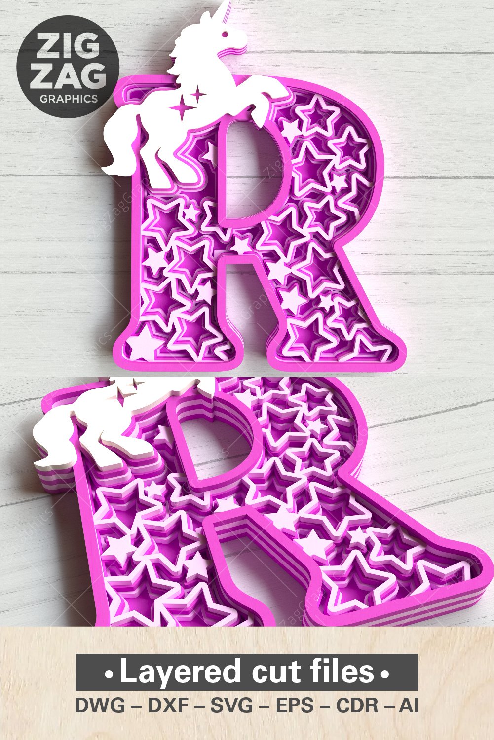 layered kids letter R with unicorn and stars SVG cut file