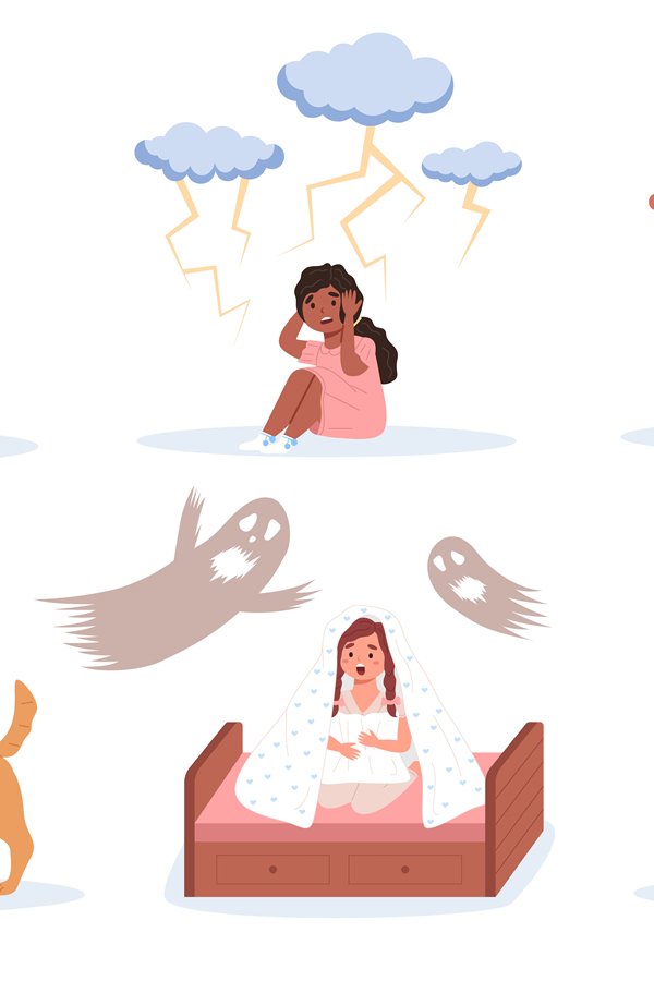 Children fears. Little kids phobias. Cartoon boys or girls w