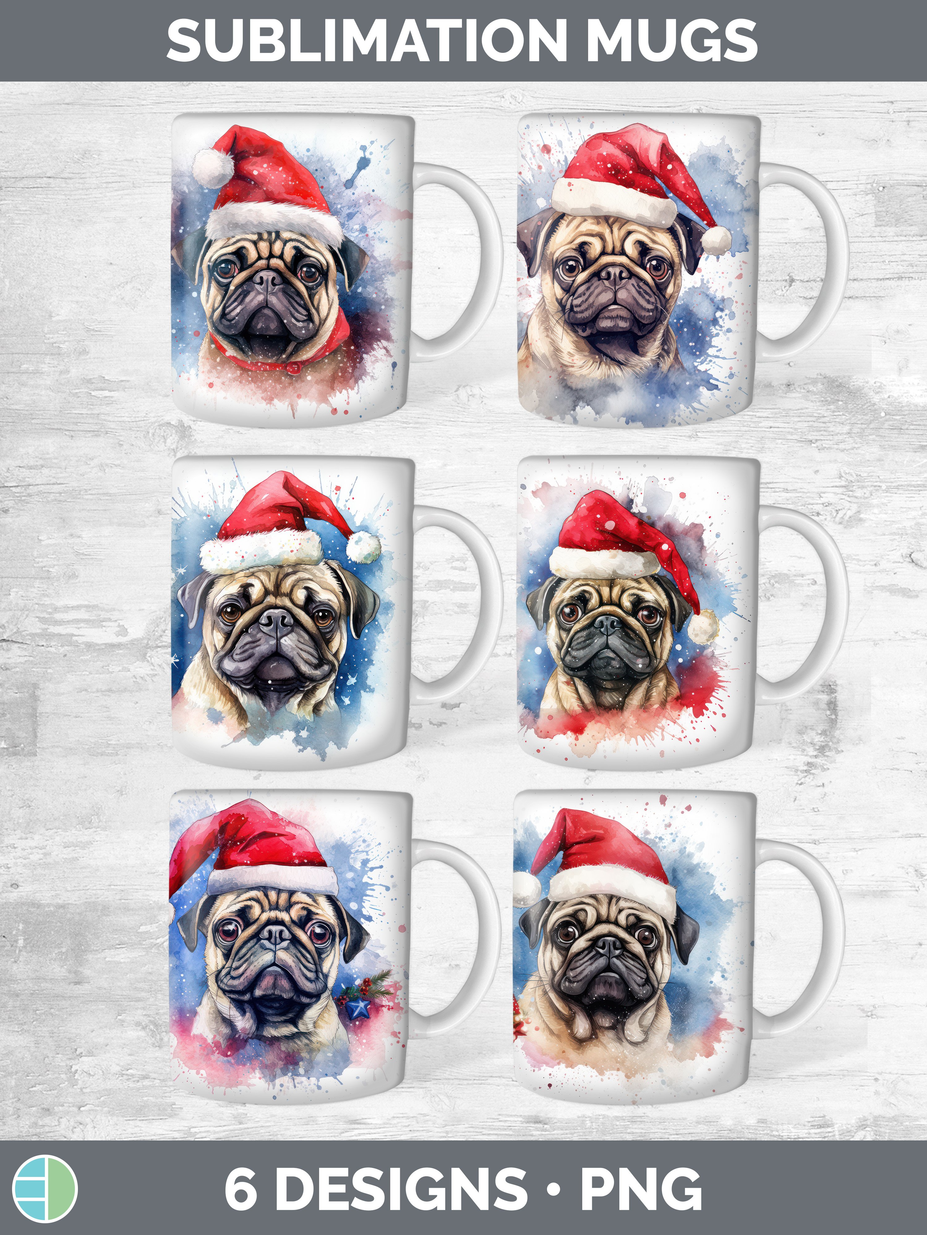 Christmas Santa Hat Pug Dog Mug Wrap | Sublimation Coffee Cu