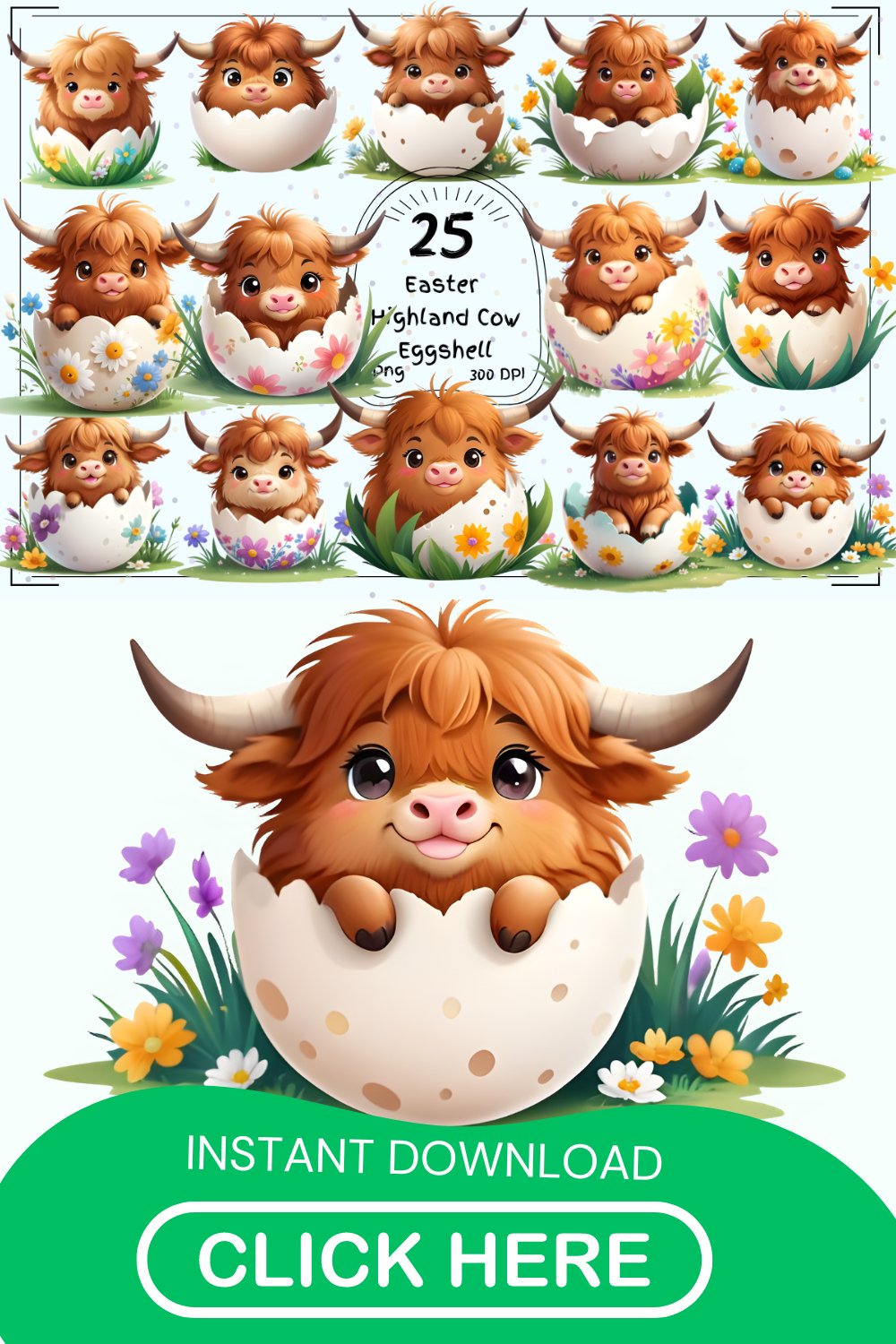 25 Easter Highland Cow in Eggshell Clipart - Spring Graphics