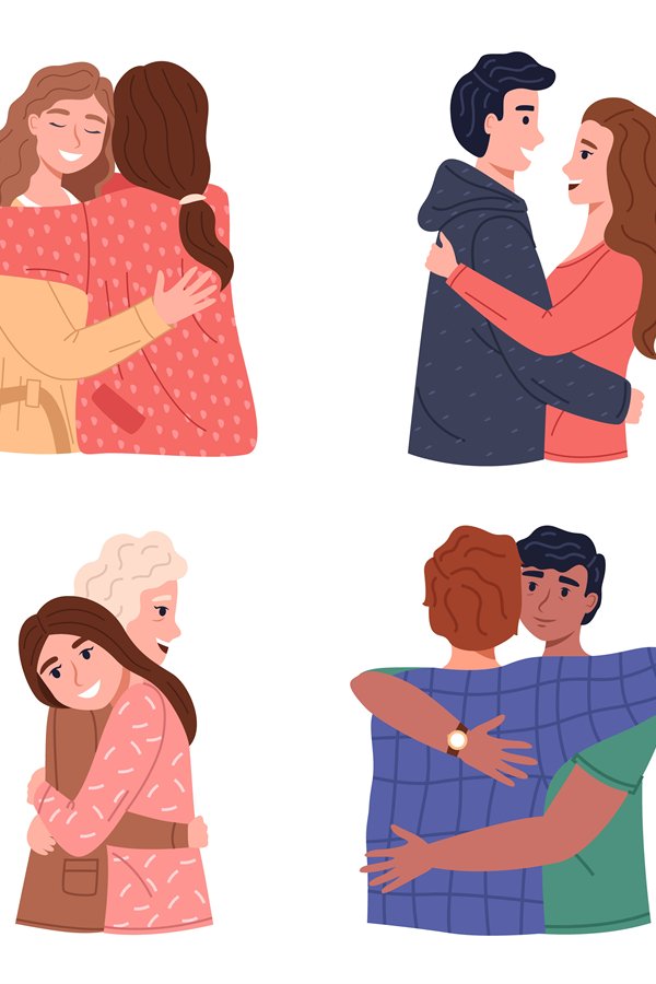 Hugs. Men and women pairs hugging, romantic and friends rela