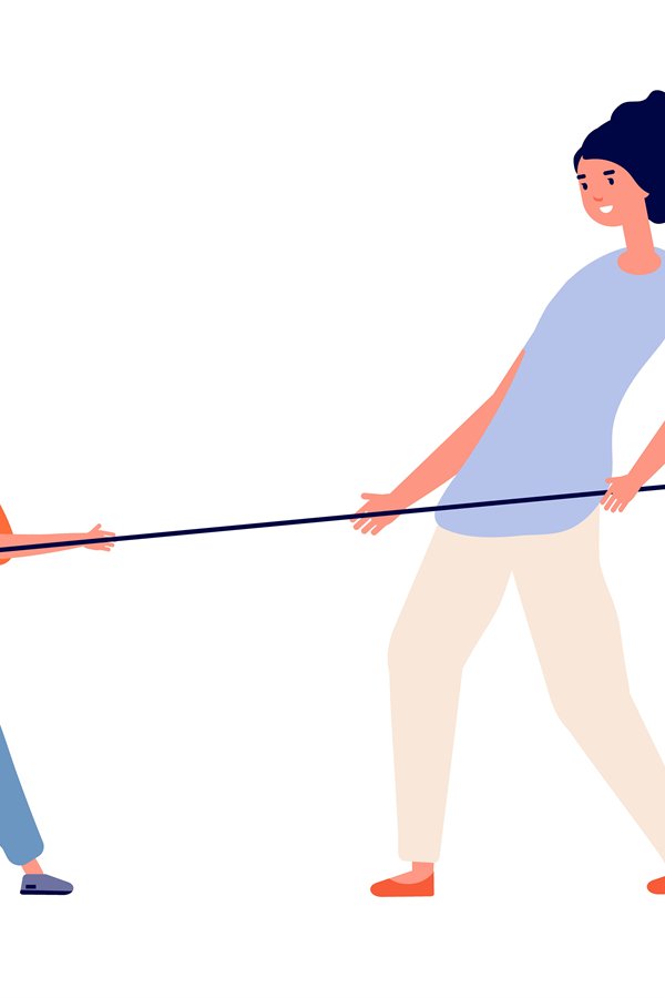 Family game. Child parents pull rope, tug of war play adults