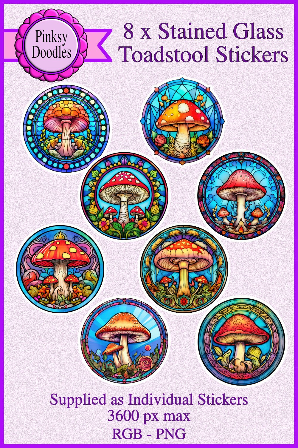 A set of 8 Stained Glass Toadstool printable Sticker png