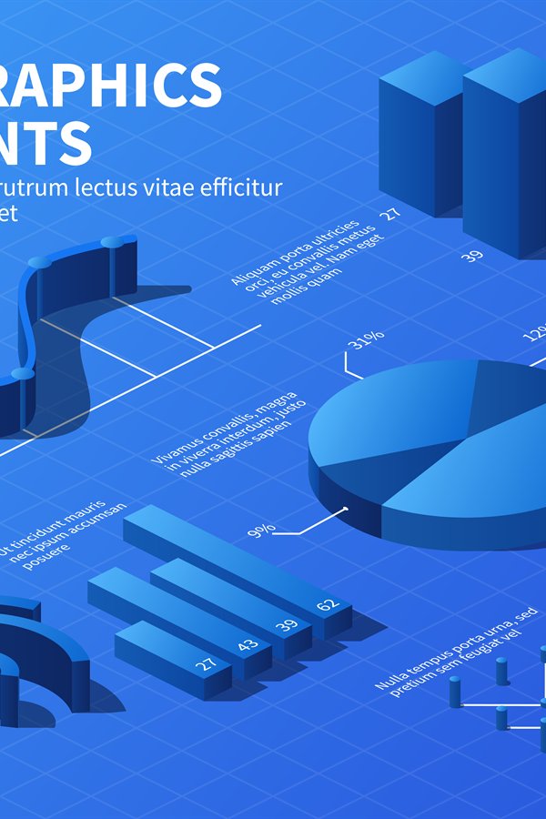 Isometric infographic. 3d statistics graphs and growth chart