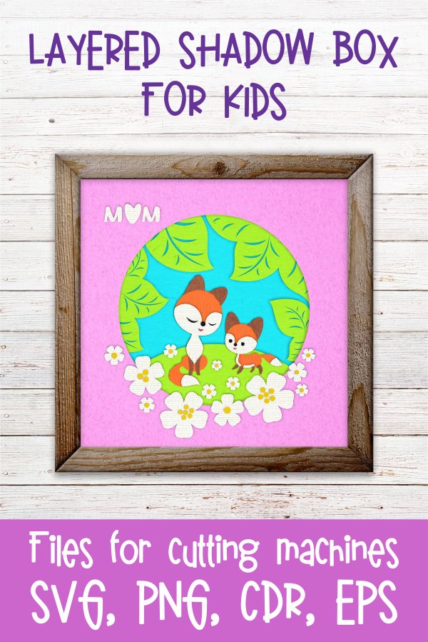 Mama fox with a baby fox. Shadow Box Template svg