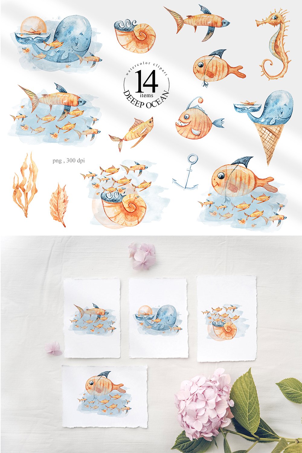 Watercolor nautical underwater sea animal clipart