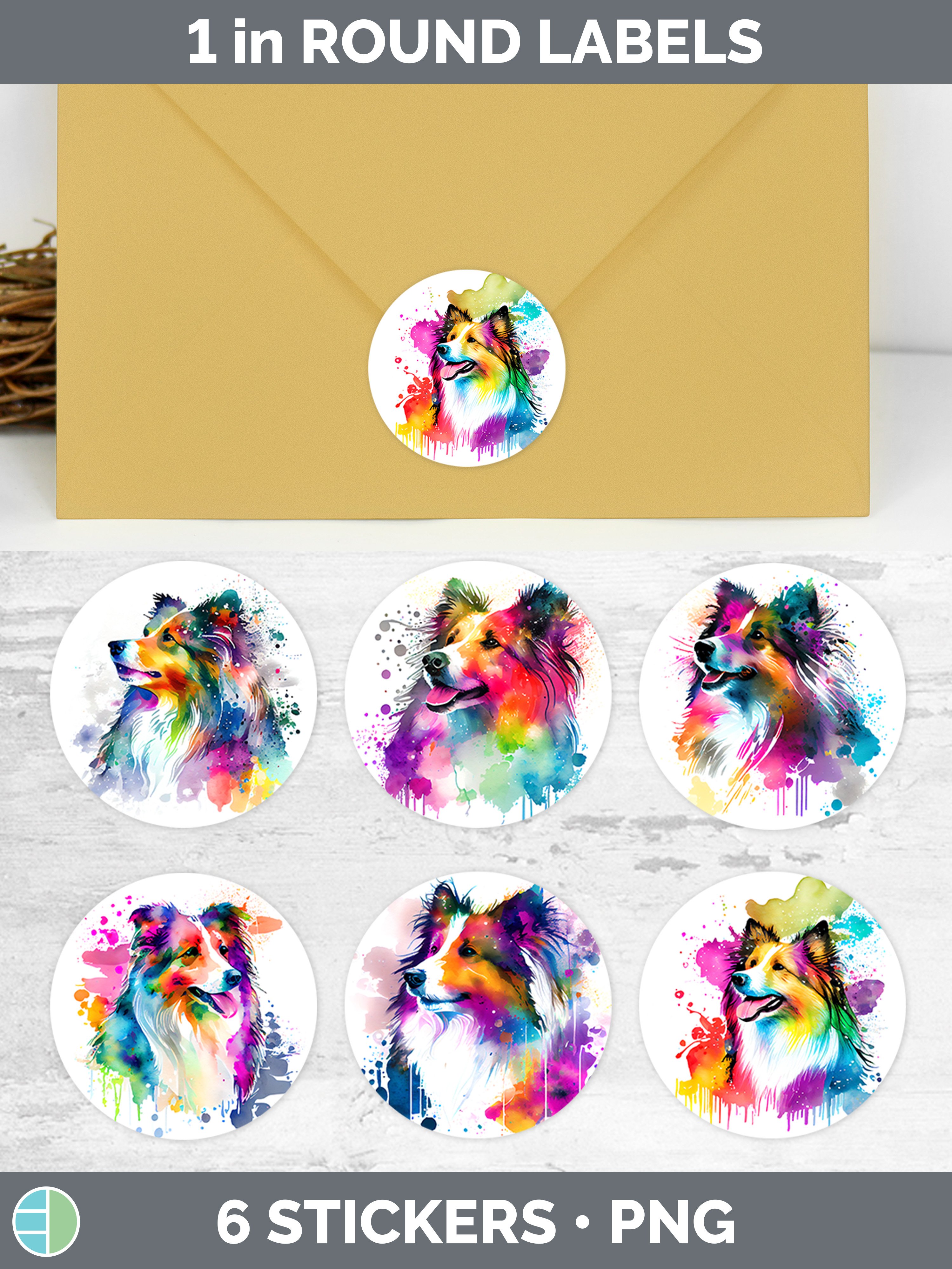 Rainbow Shetland Sheepdog Stickers | Round Labels Designs Bu