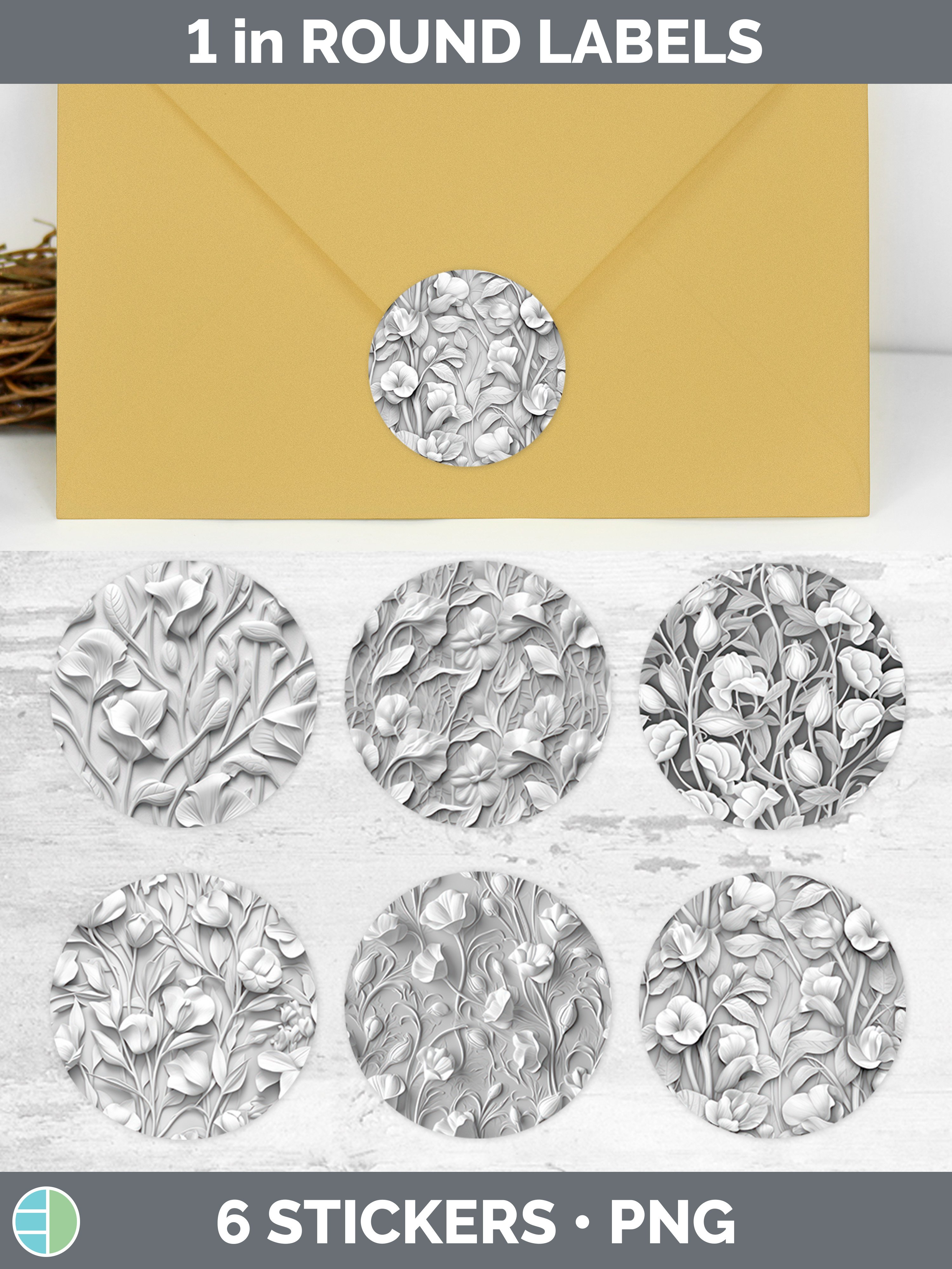 3D White Sweet Pea Flowers Stickers | Round Labels Designs B