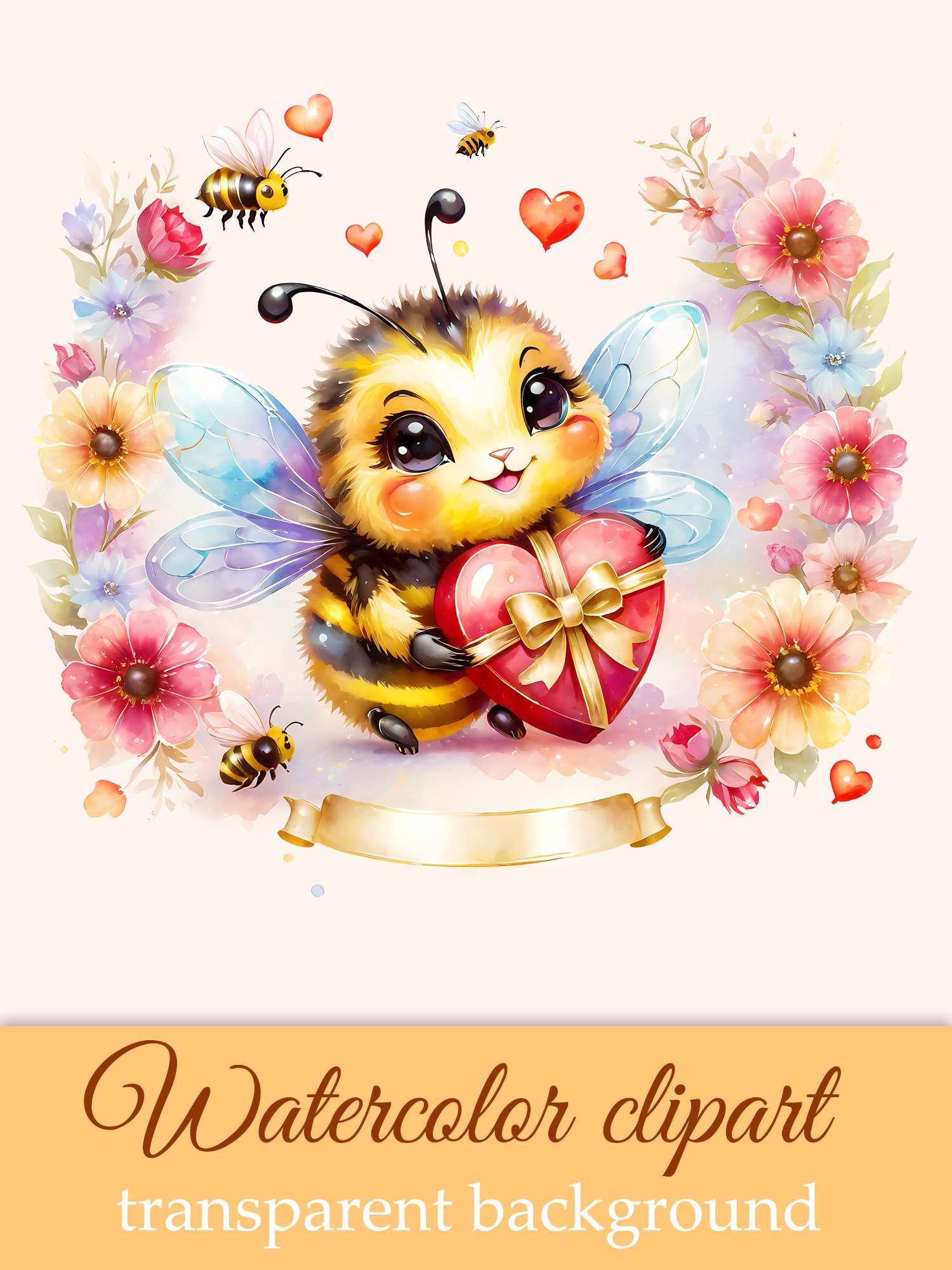 Watercolor Spring Bee Clipart, Bee watercolor painting, PNG,