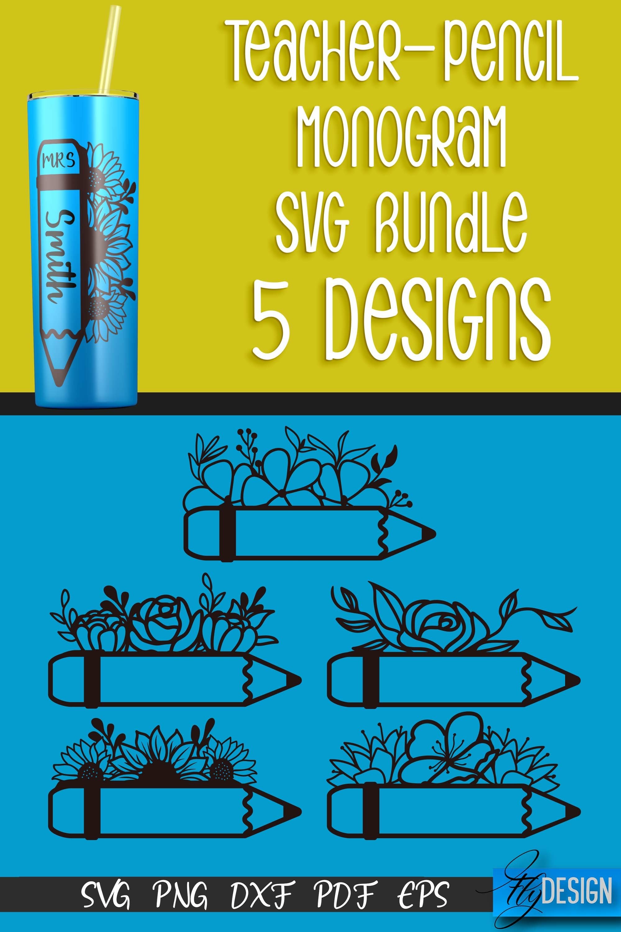 Teacher Monogram SVG | Floral Pencil SVG Design | (2544689)