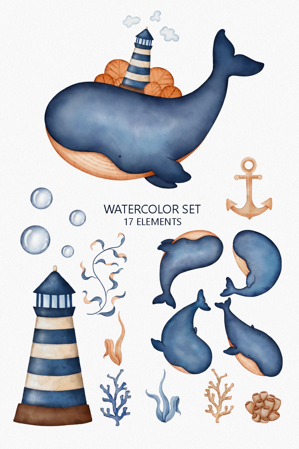 Watercolor whales PNG elements | Sealife clipart (2014877)