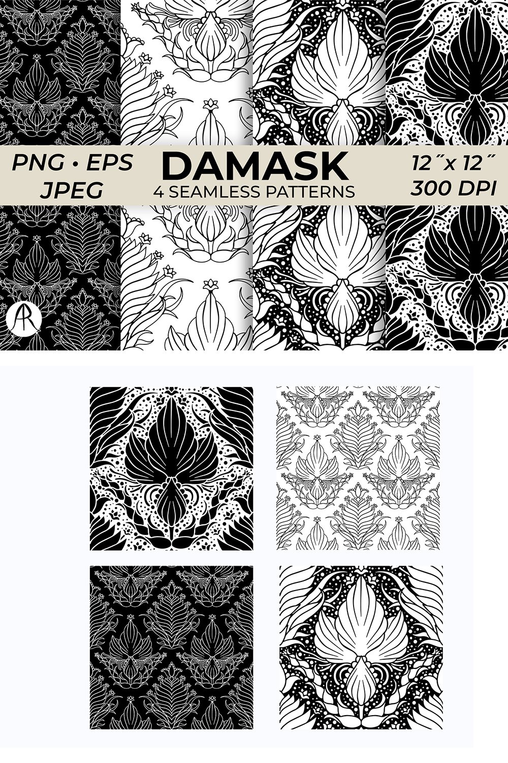 Monochrome Damask Patterns with Anthemion and Ogee Motifs
