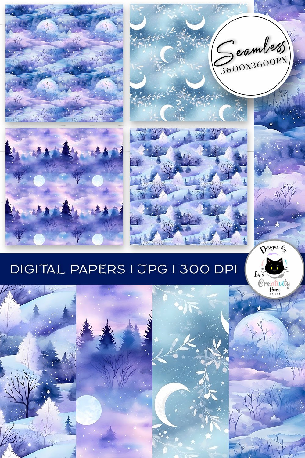 Watercolor Moonlight Winter Digital Paper | Nature Patterns