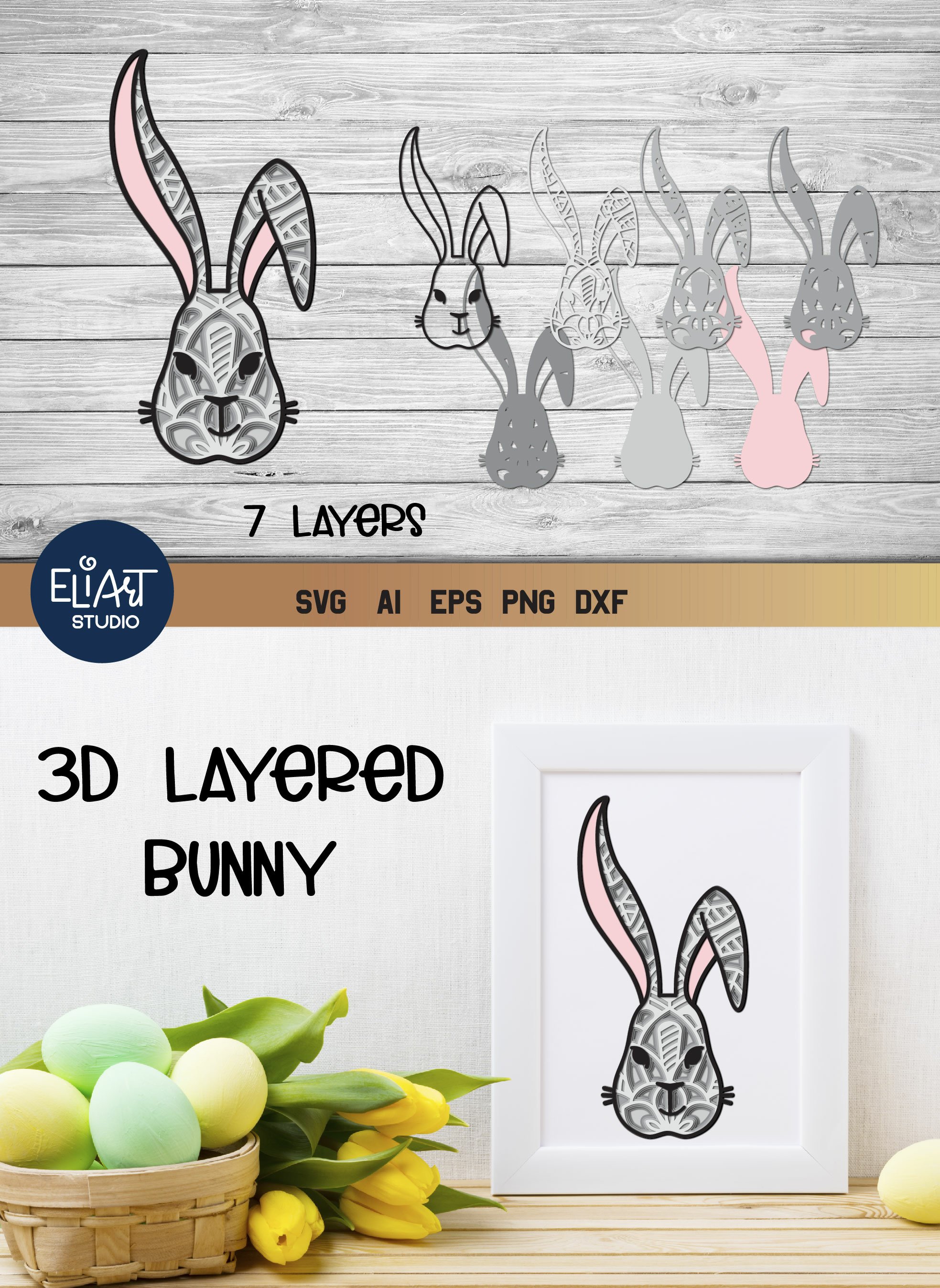 3d SVG Layered Bunny | Easter SVG | Bunny Face SVG