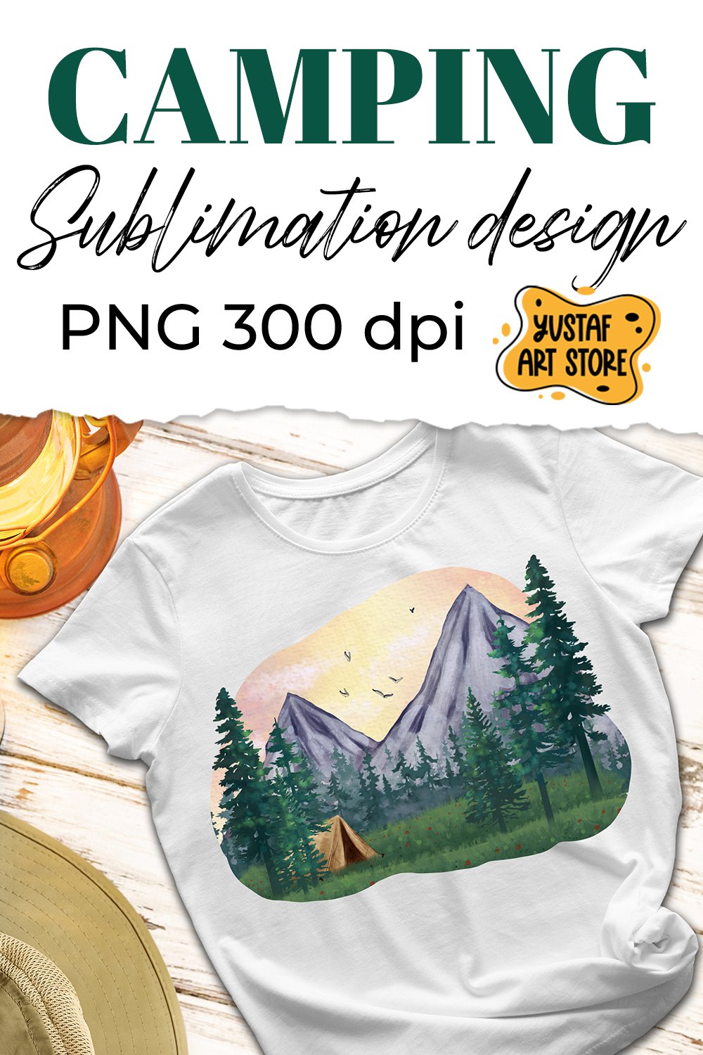 Camping sublimation design. Mountain and forest landscape