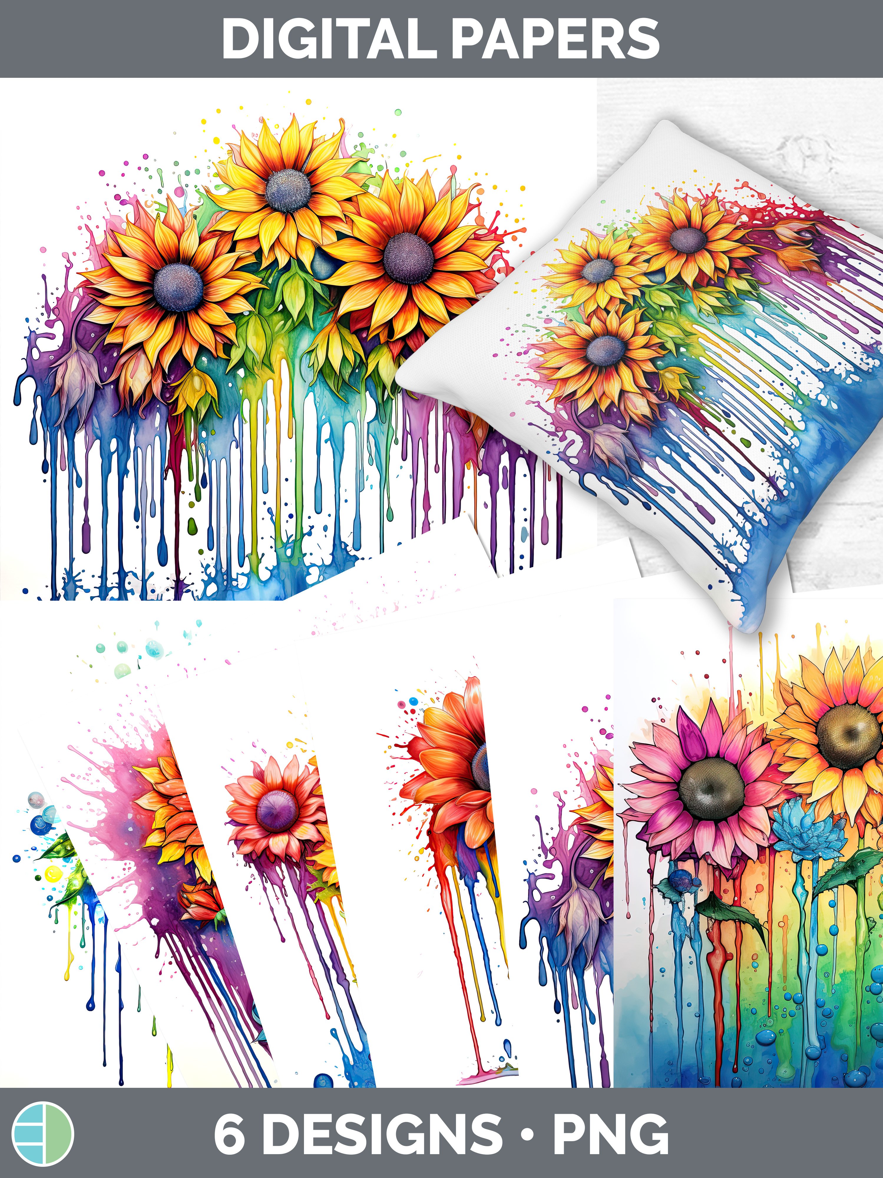 Splat Rainbow Sunflower Flowers Paper Backgrounds | Digital