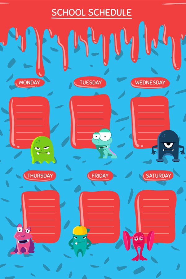 Vector school schedule with cartoon monsters with paint stai