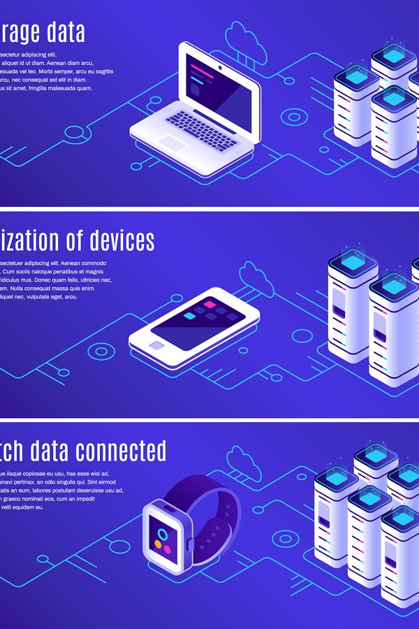 Isometric database. Computer, laptop and smartphone connecte