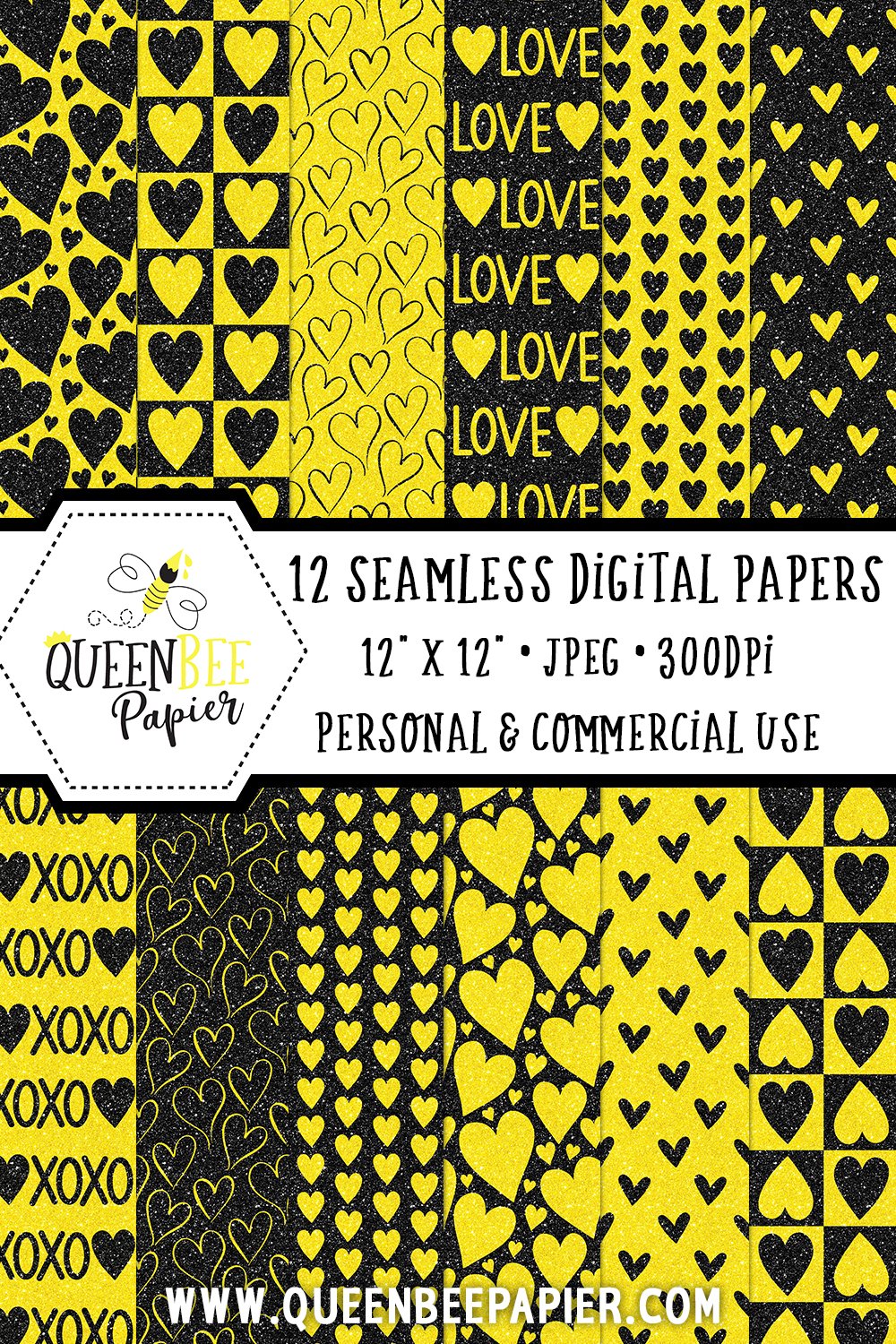 Black & White Glitter Heart Digital Paper Pack