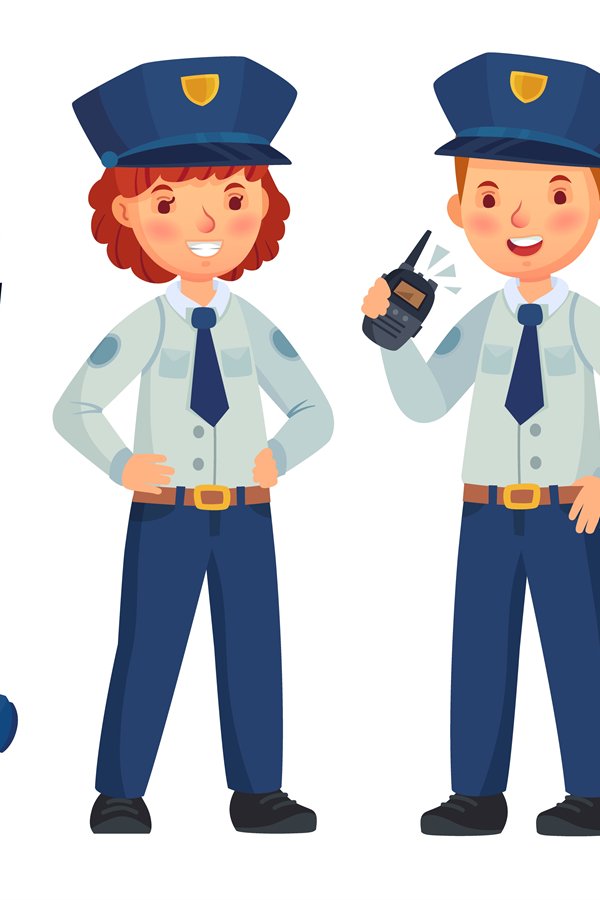 Cartoon police kids. Little boy and girl in patrol suits, po