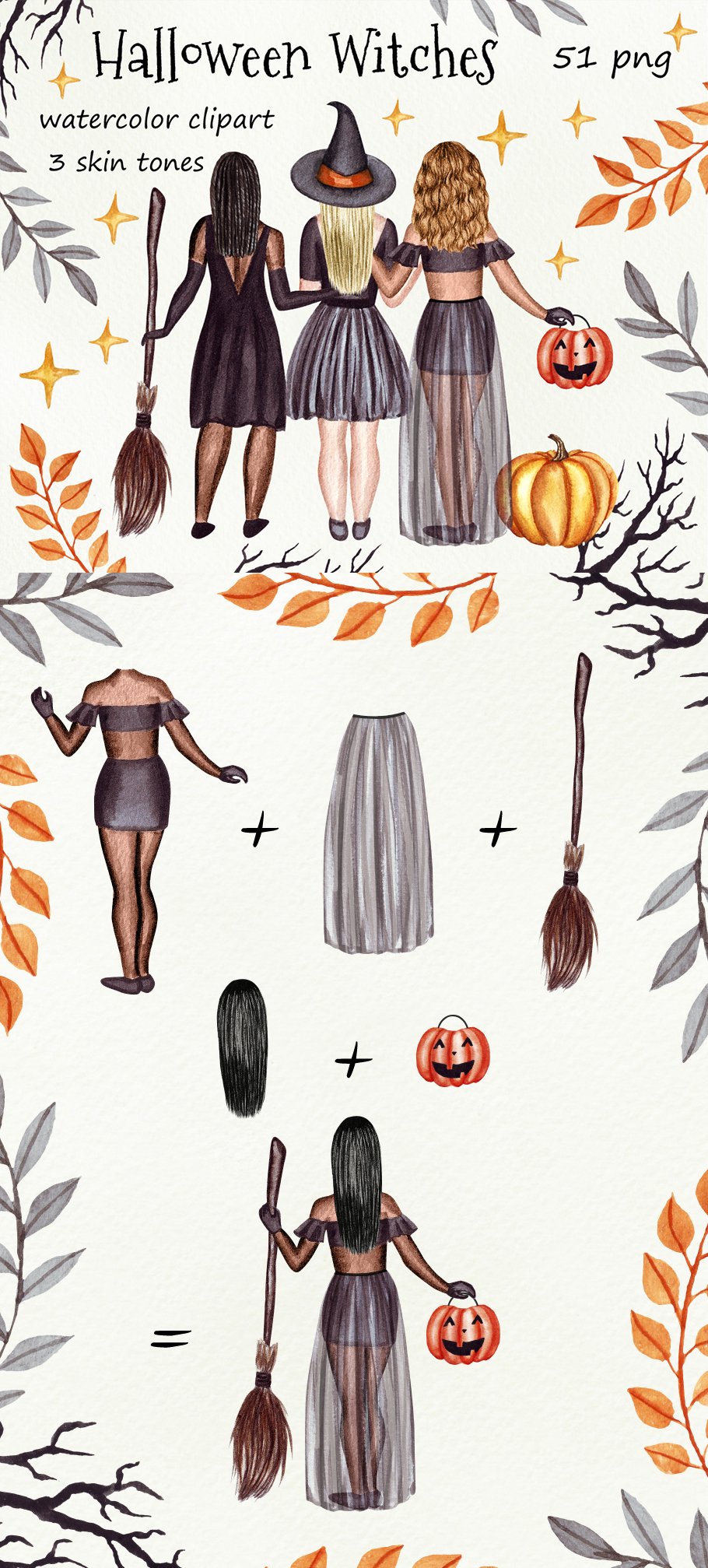 Halloween witches watercolor clipart. Autumn sublimation png