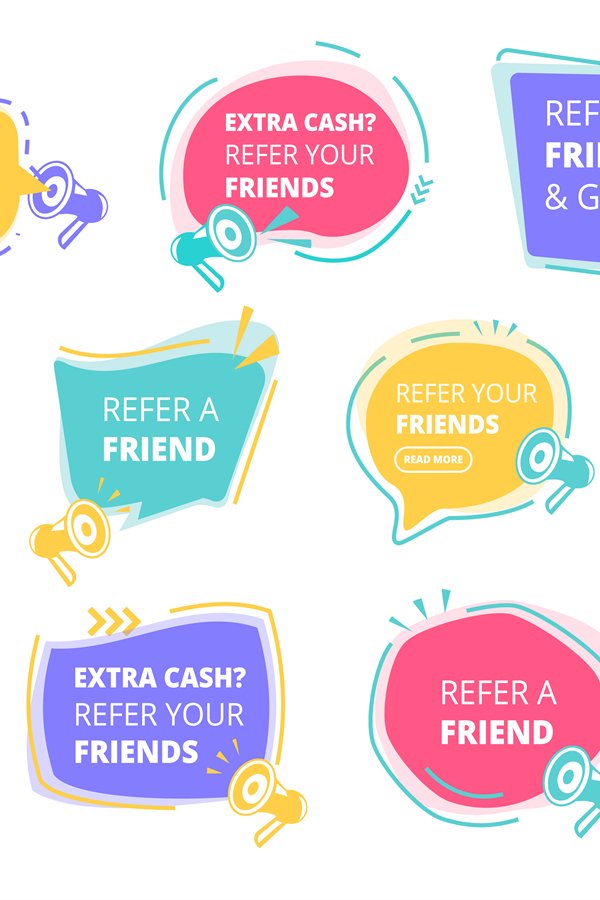 Refer a friend. Referral program promotional stickers vector