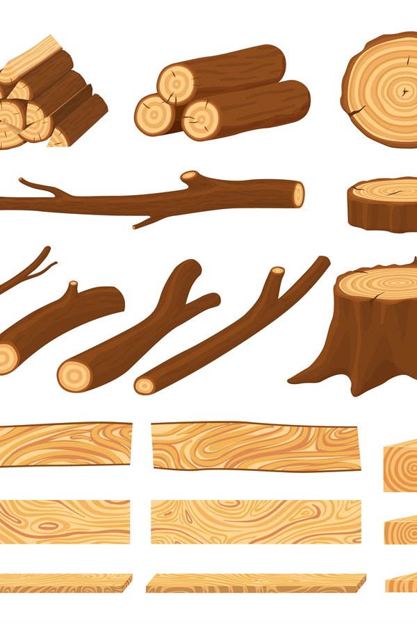 Cartoon timber. Pine wood timbers, planks stacks and old fir