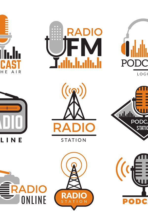 Radio logo. Podcast towers wireless badges radio station sym