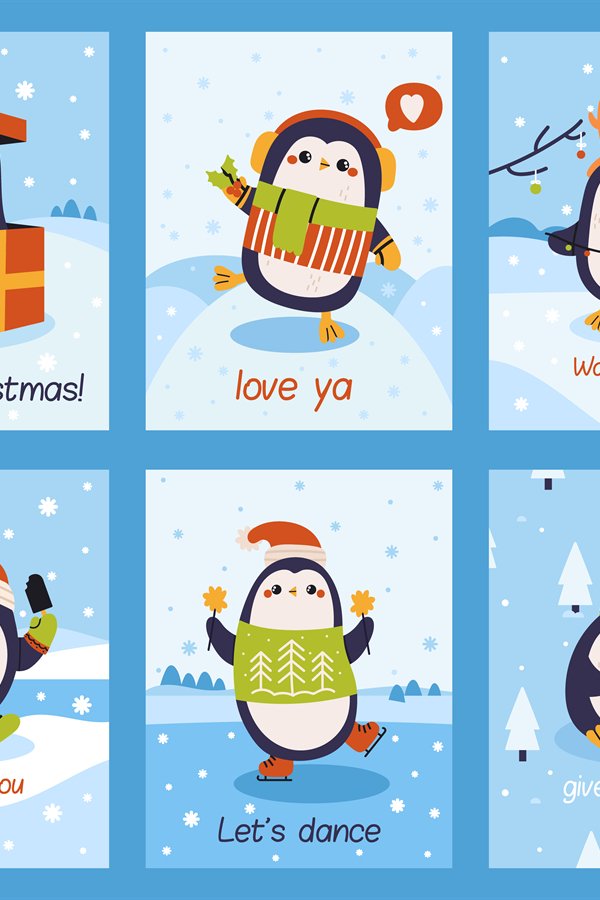 Cute penguin cards. Xmas penguin mascots posters, winter hol