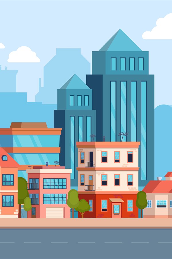 Flat city street landscape with skyscraper and apartment bui