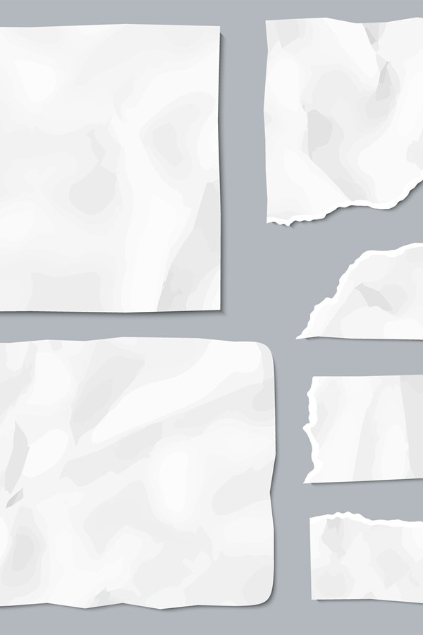 Crumpled paper scraps. Ragged creased sheet, blank or empty