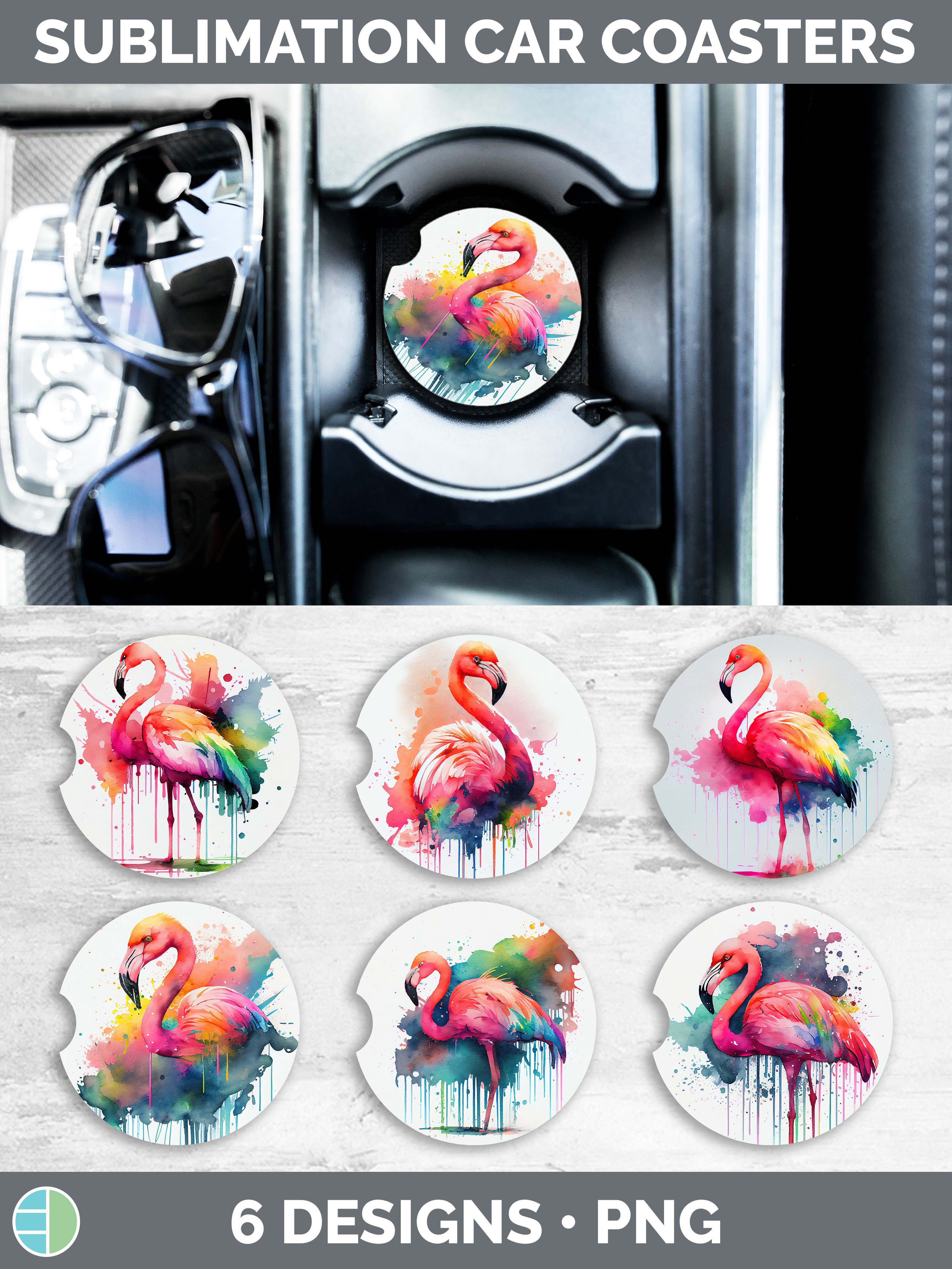 Rainbow Flamingo Car Coaster | Sublimation Designs Bundle