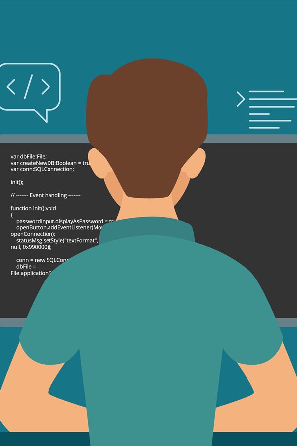 Software developer character. Vector programmer develops cod Software developer character. Vector programmer develops cod