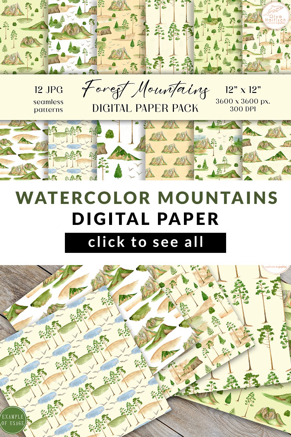 Watercolor Mountains Digital Paper. Landscape Seamless Files