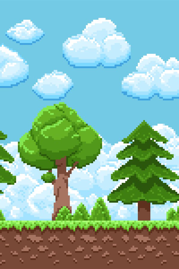 Pixel game vector landscape with trees, sky and clouds for 8