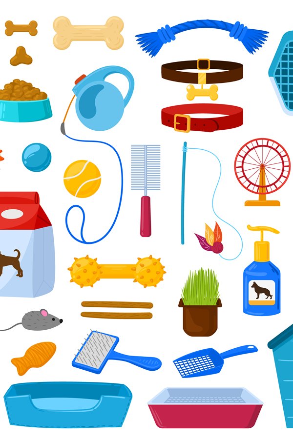 Cartoon pet shop accessories, cats, dogs food and toys. Dog
