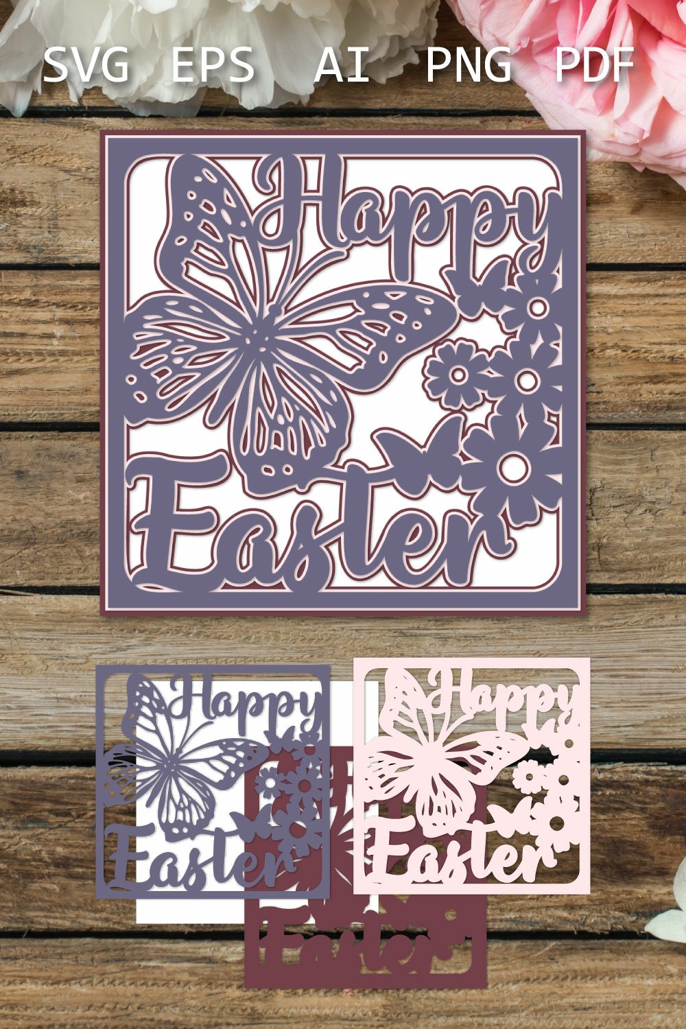 Happy Easter card, Layered paper cutting template, 3D Easter