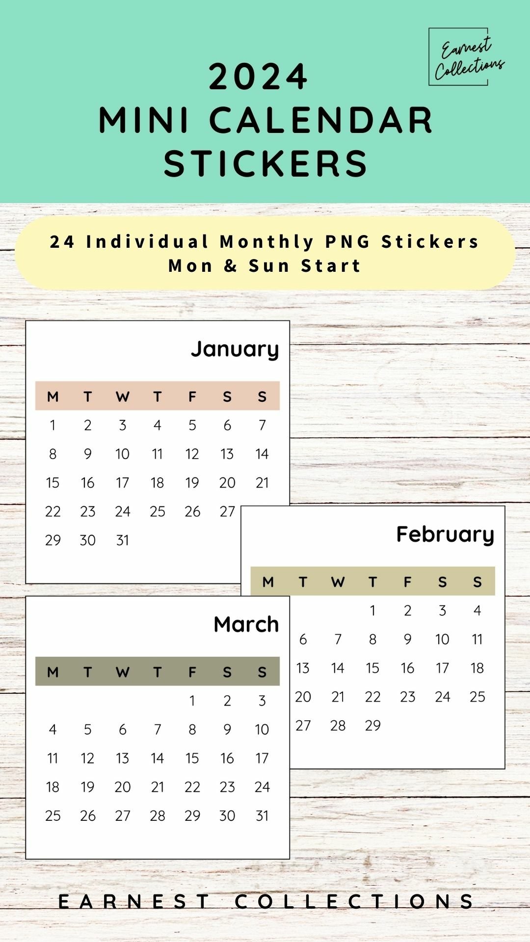 2024 mini calendar stickers for bullet journal and planner