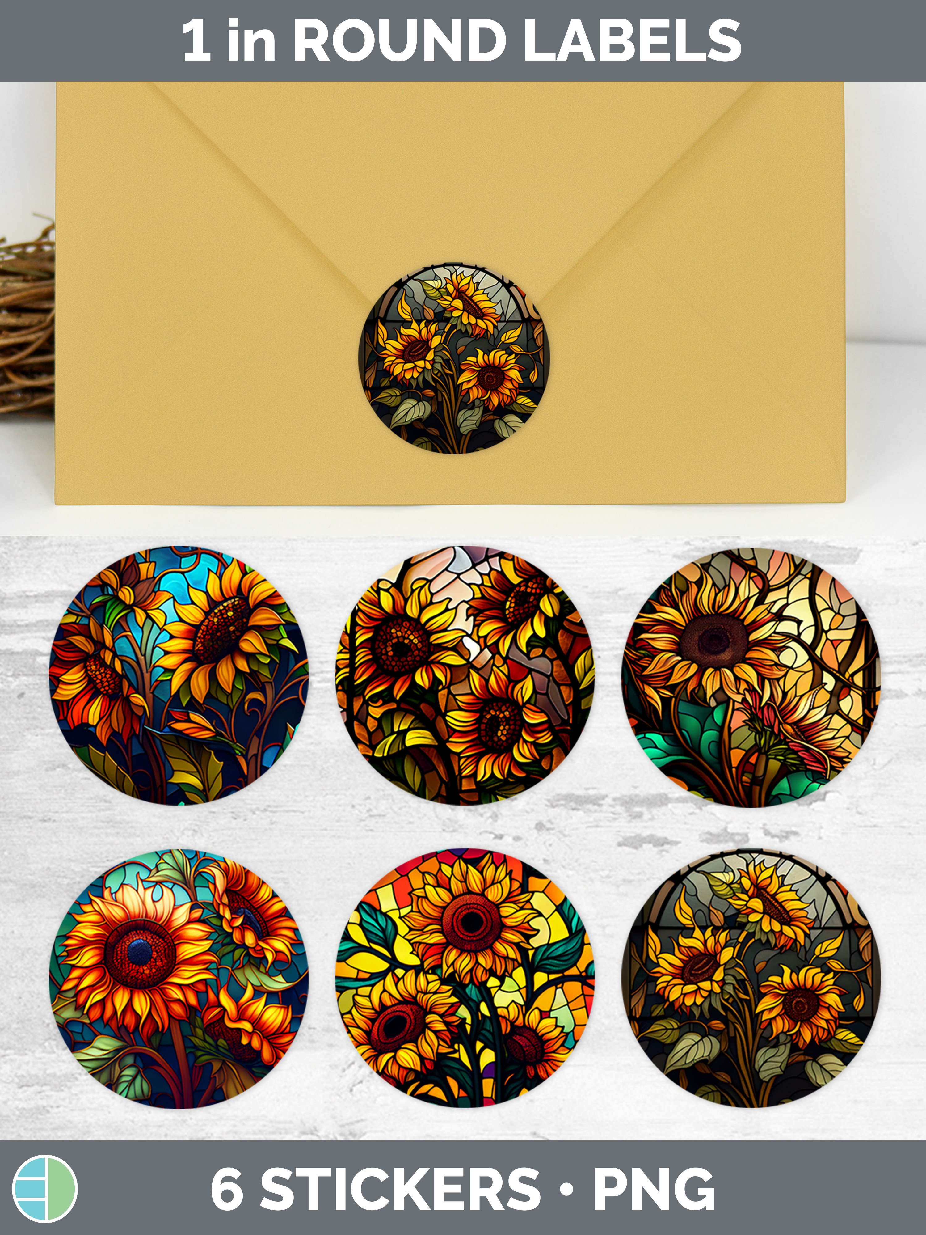 Stained Glass Sunflower Flowers Stickers | Round Labels Desi