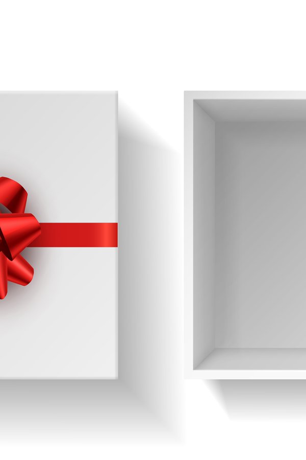 Present box with red bow. Top view gift white open case with