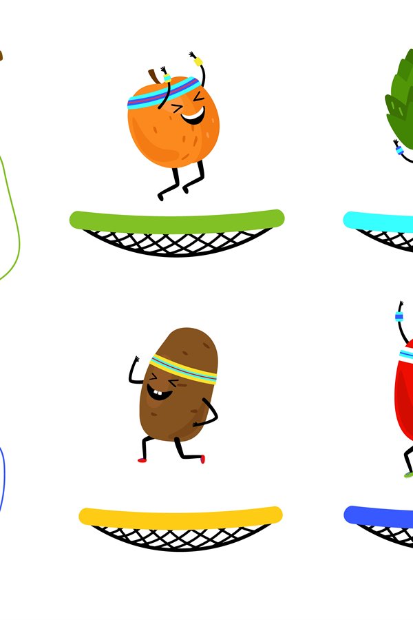 Happy jumping fruits and vegetables. Vector cartoon healthy