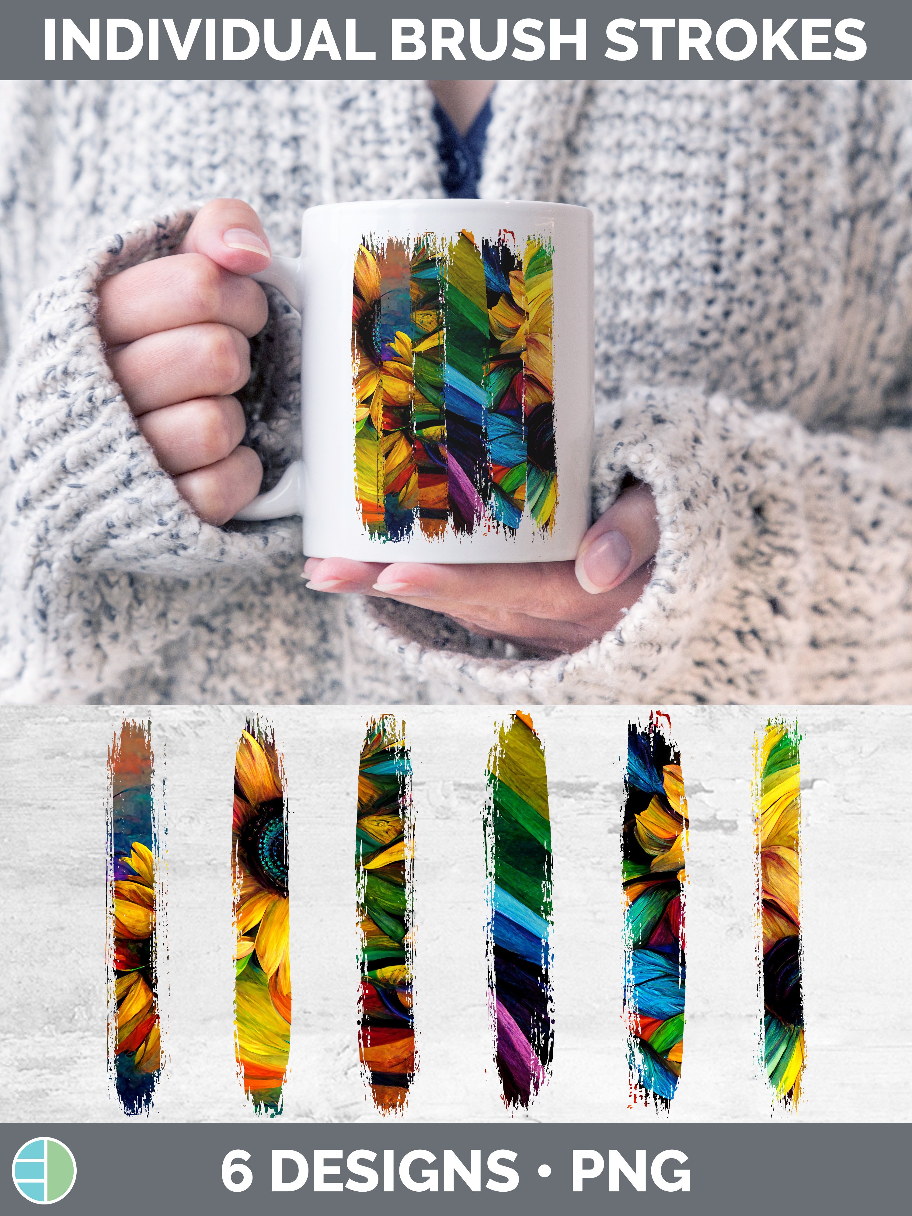 Rainbow Sunflower Brush Strokes PNG | Sublimation Designs